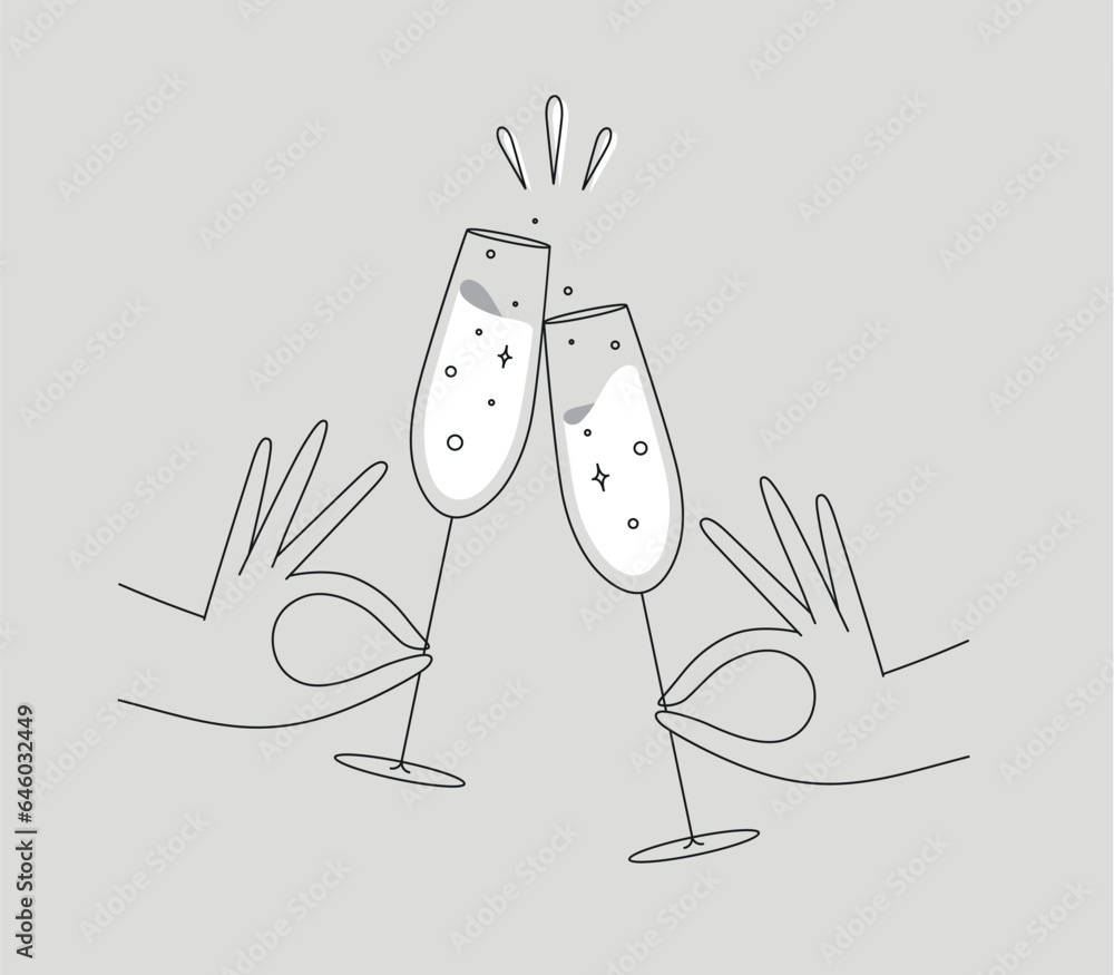 Hand holding champagne clinking glasses drawing in flat line style on ...
