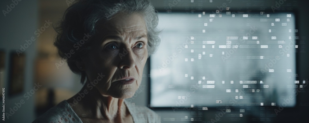middleaged Caucasian woman stares at pixelated screen in home. Shes ...