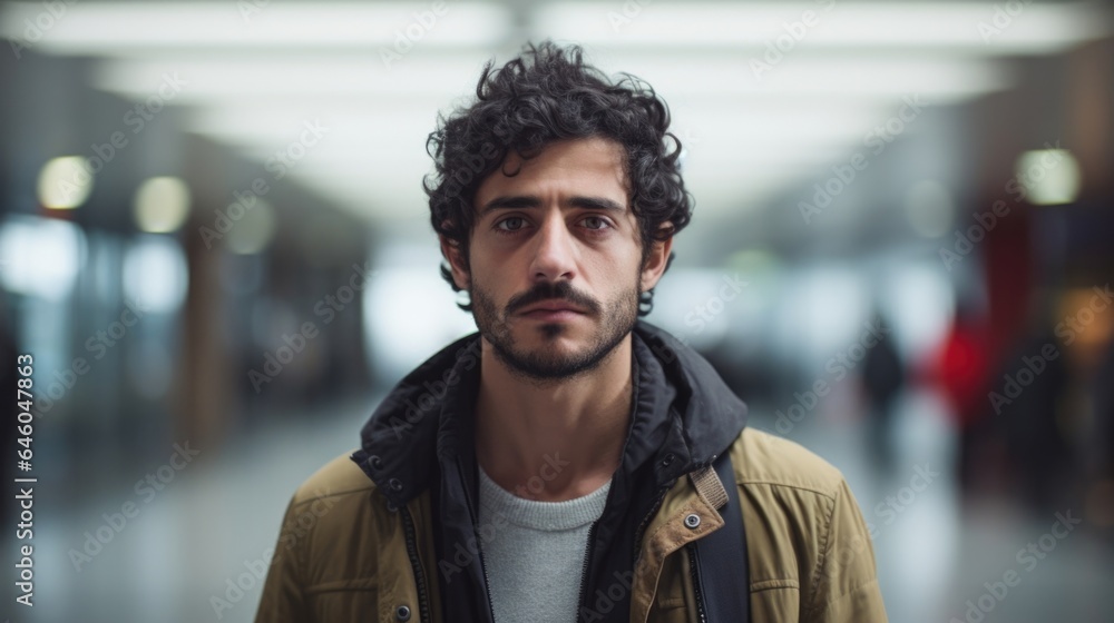 young adult man of Middle Eastern descent stares blankly at bustling ...
