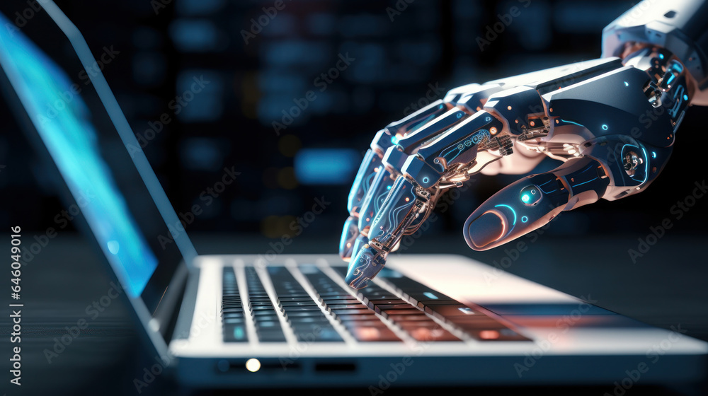 Artificial intelligence robot working at computer in office. IT team ...