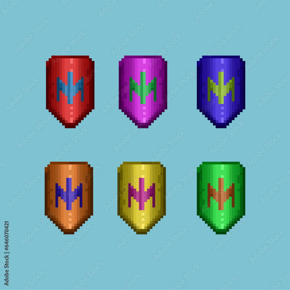 Pixel art sets of shield with variation color items asset. simple ...