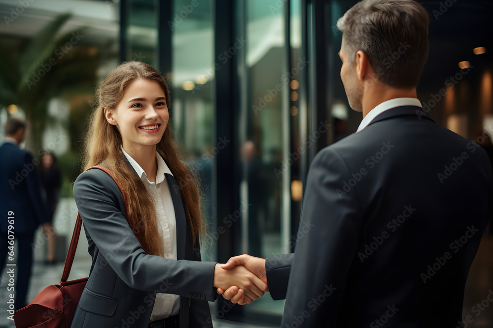 Teenage girl experiencing her first job offer, engaging in a handshake ...