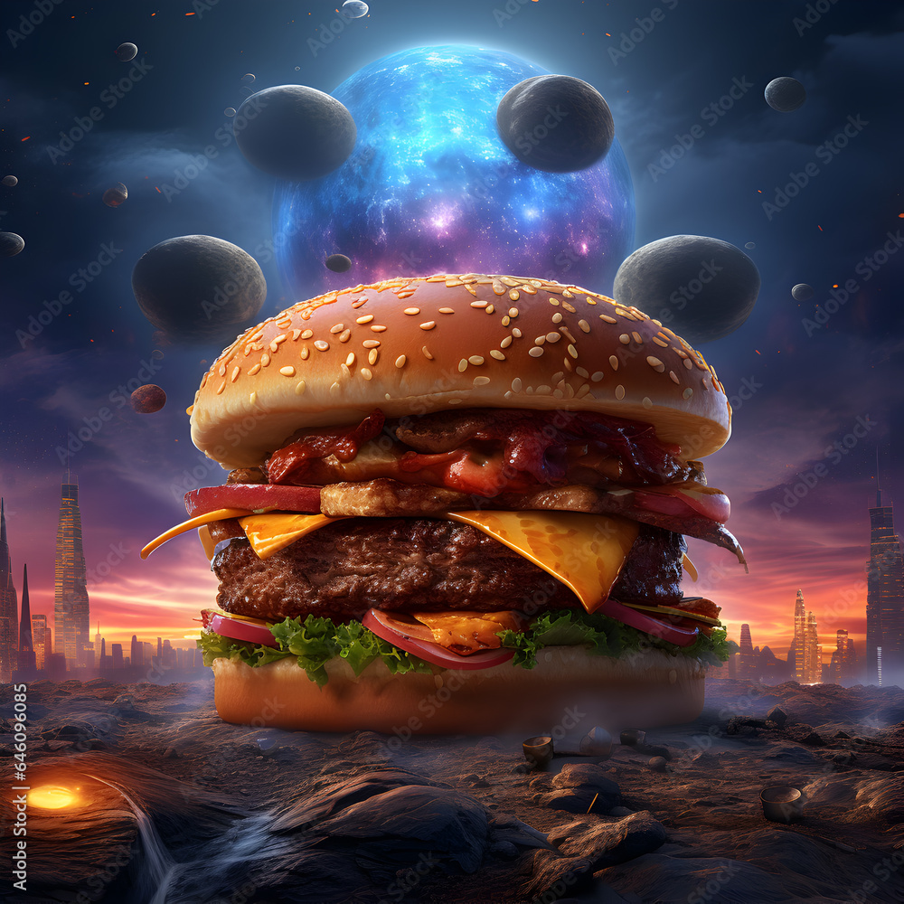 Futuristic Hamburger universe, galaxy, modern sky planets Stock Photo ...