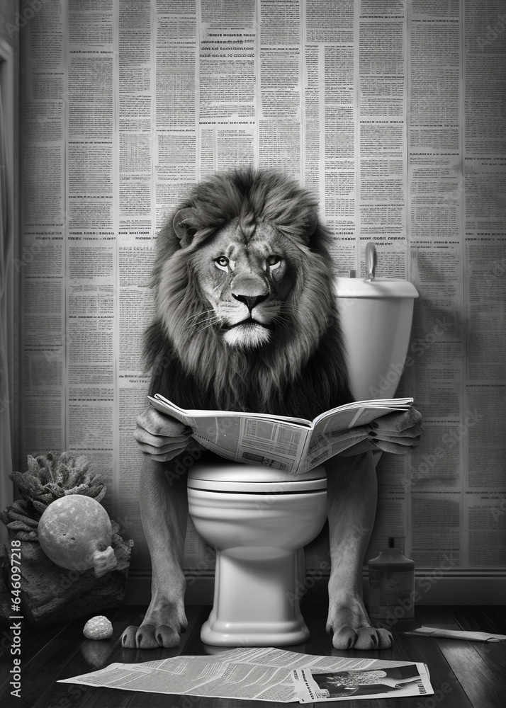 Lion sit on the toilet in a robe, reading a newspaper, leo sitting on ...