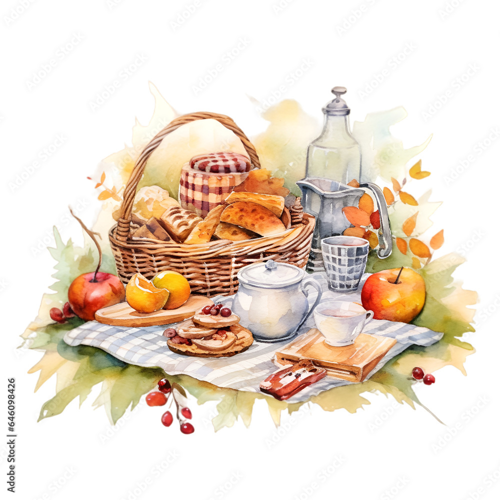 Watercolor autumn picnic illustration Generative AI, png image. Stock ...