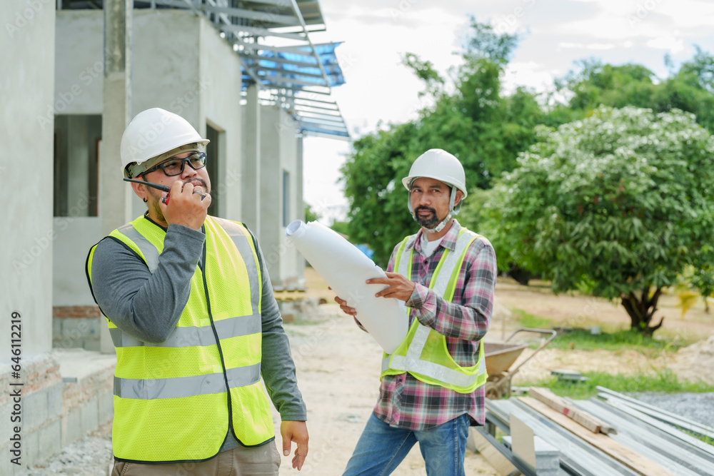 Engineer walks with blueprints to consult with Asian construction ...