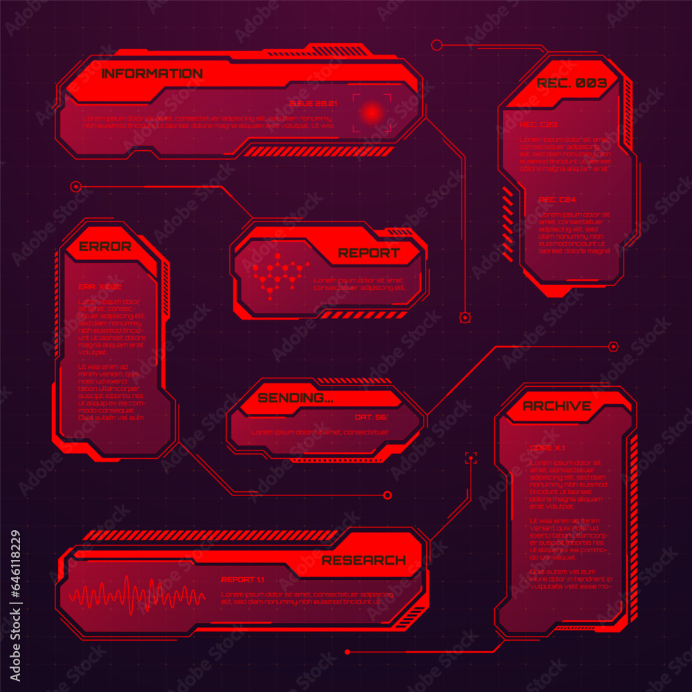Red futuristic HUD or UI elements. Sci-fi user interface text boxes, callouts. Warning message ...