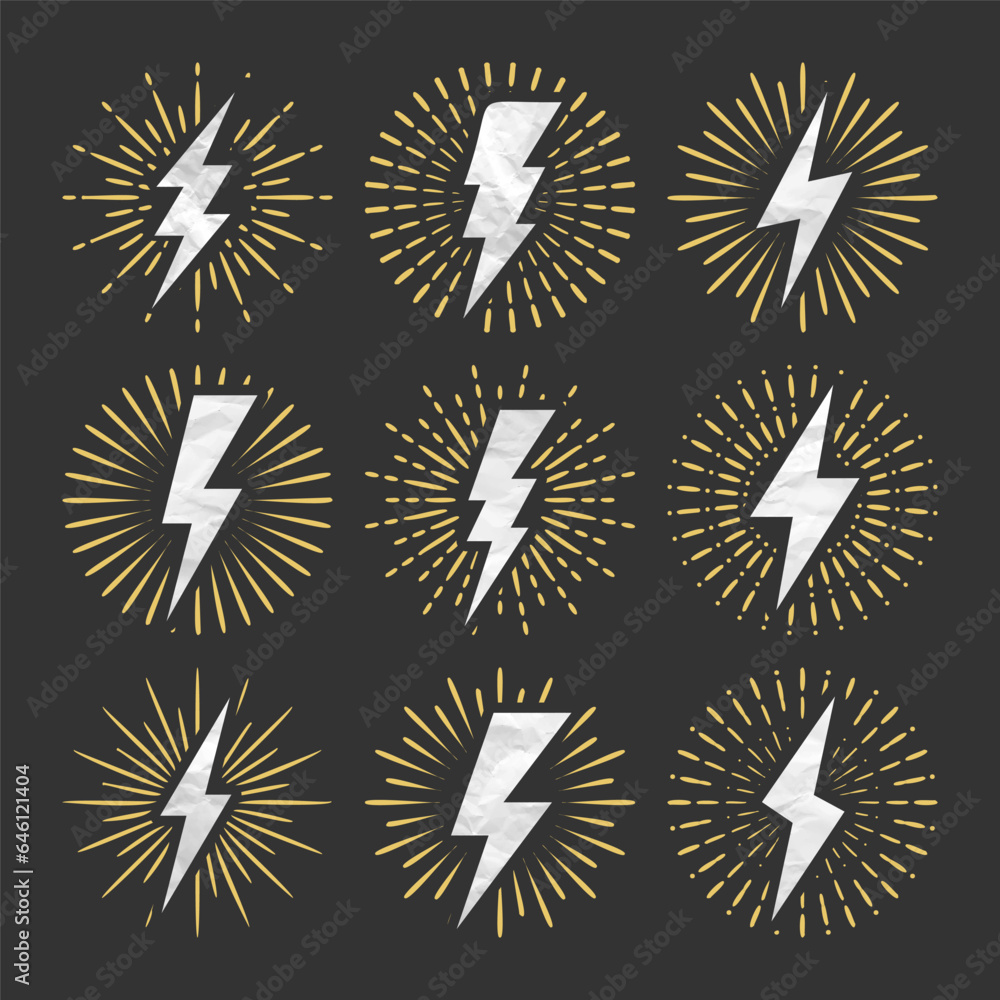 Vintage lightning bolt and sunrays. Lightnings with crumpled paper ...