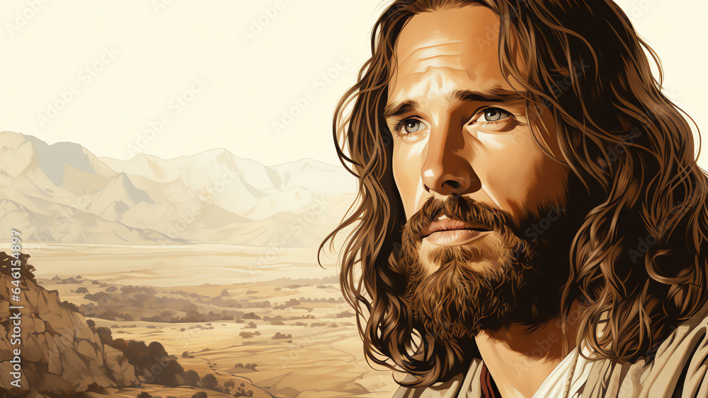 Jesus Christ Face with Landscape Background Illustration with Copy-Space Stock Illustration ...