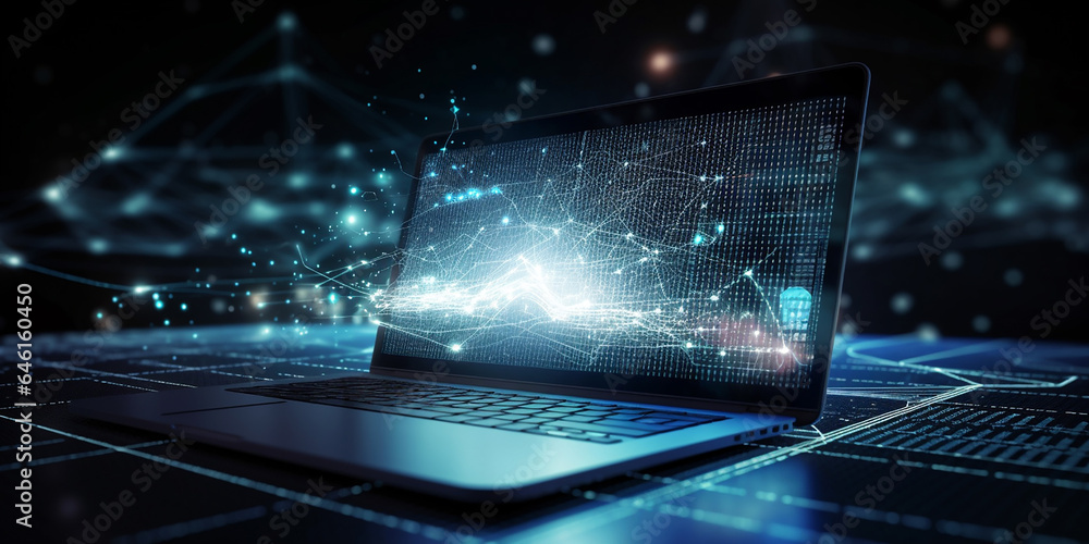 An image of an open laptop screen and 3D business charts, holographic ...