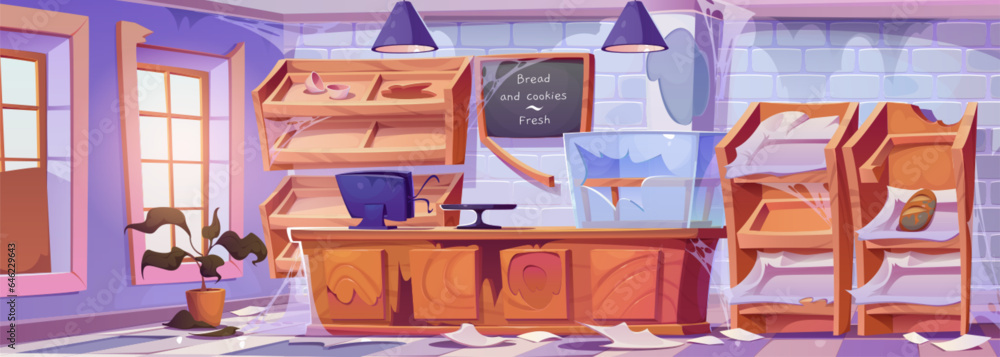 Broken and abandoned bakery shop interior with damaged furniture ...