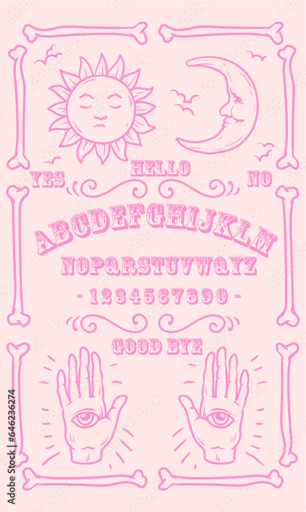 Ouija Board Illustration. Pink symbols of moon, sun, texts and alphabet ...