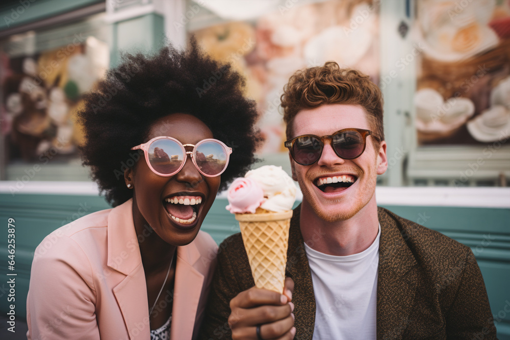 Happy modern couple holding an Ice cream cone on their hands, people ...