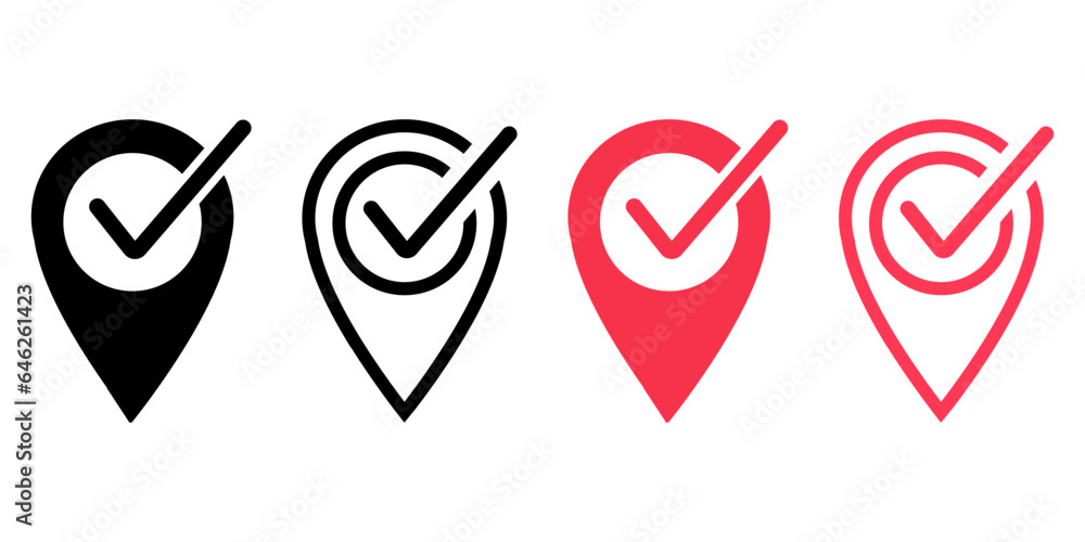Check mark pin location icon set, pin location with check mark in black ...