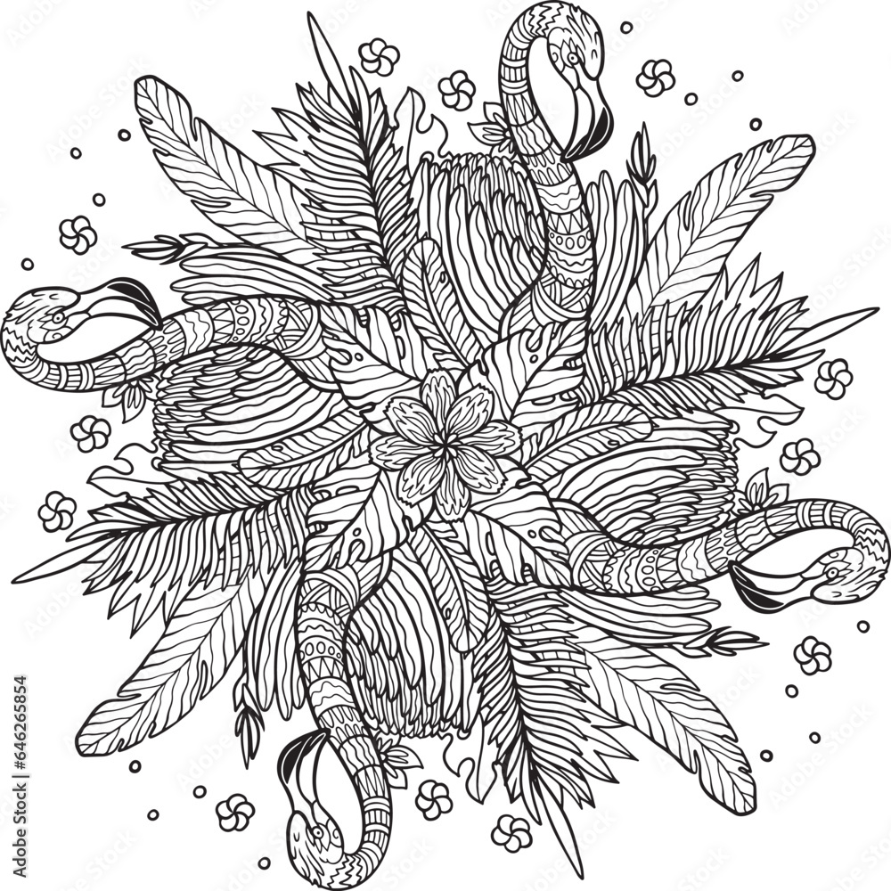 Coloring Page. Coloring Book. Colouring picture with Flamingo drawn in ...