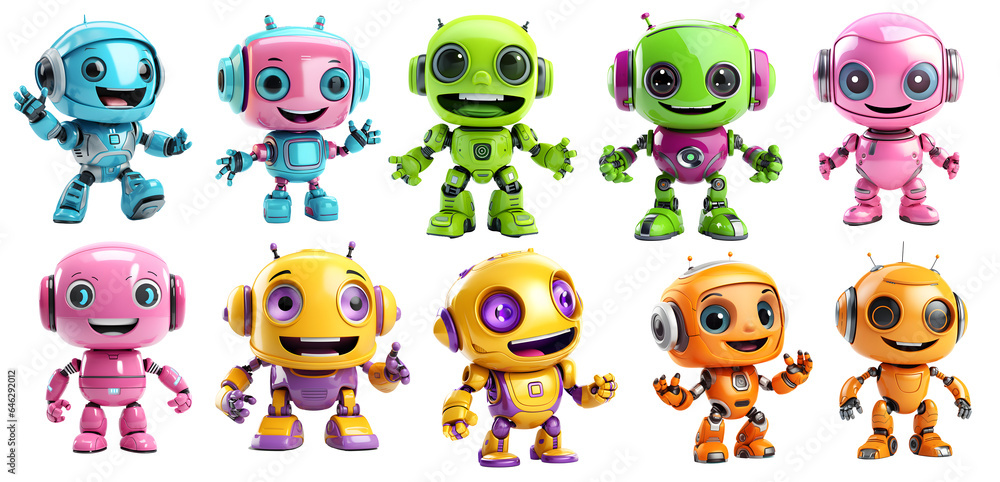set of colorful cartoon cute Robots on transparent background, png ...