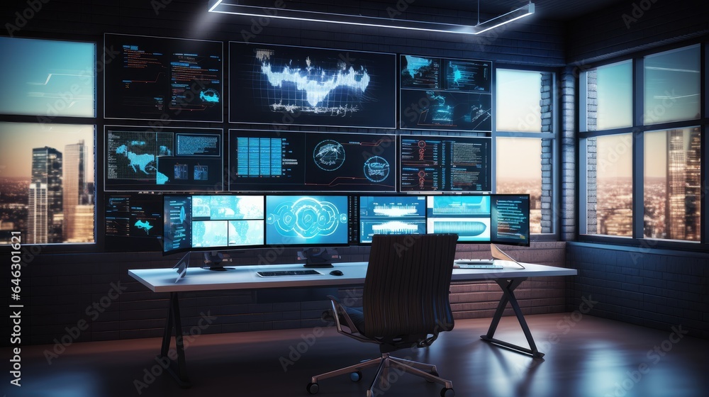 System Control Center, workplace with multiple displays, monitors ...