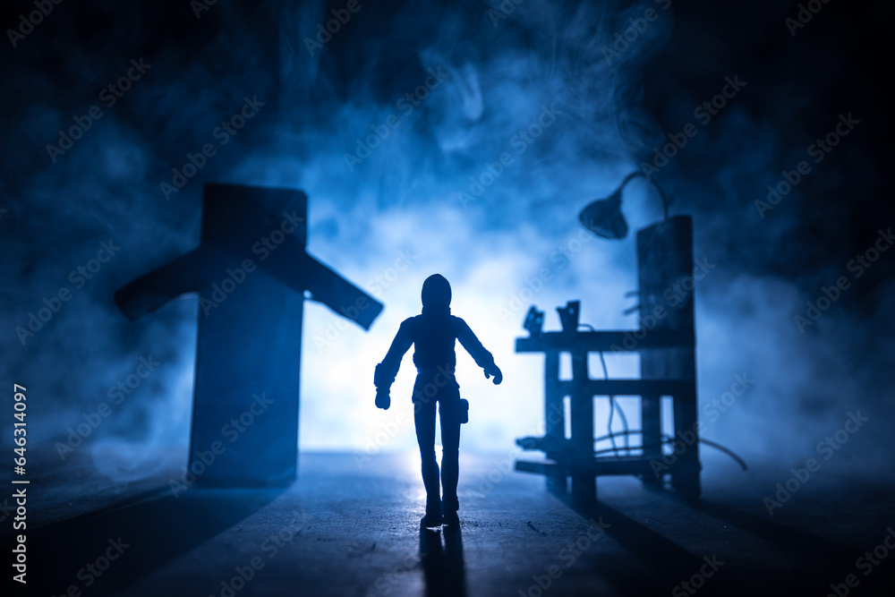 Stock-Foto „Execution concept. Death penalty electric chair miniature in selective focus inside ...