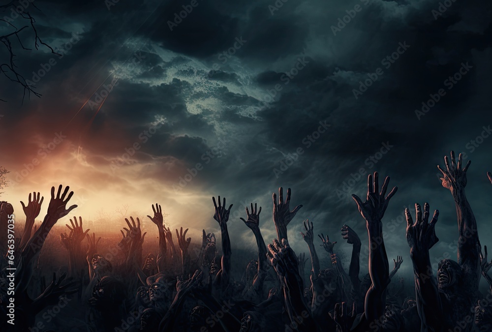 Scary zombie raising rotten hand for receive moonlight in Halloween ...