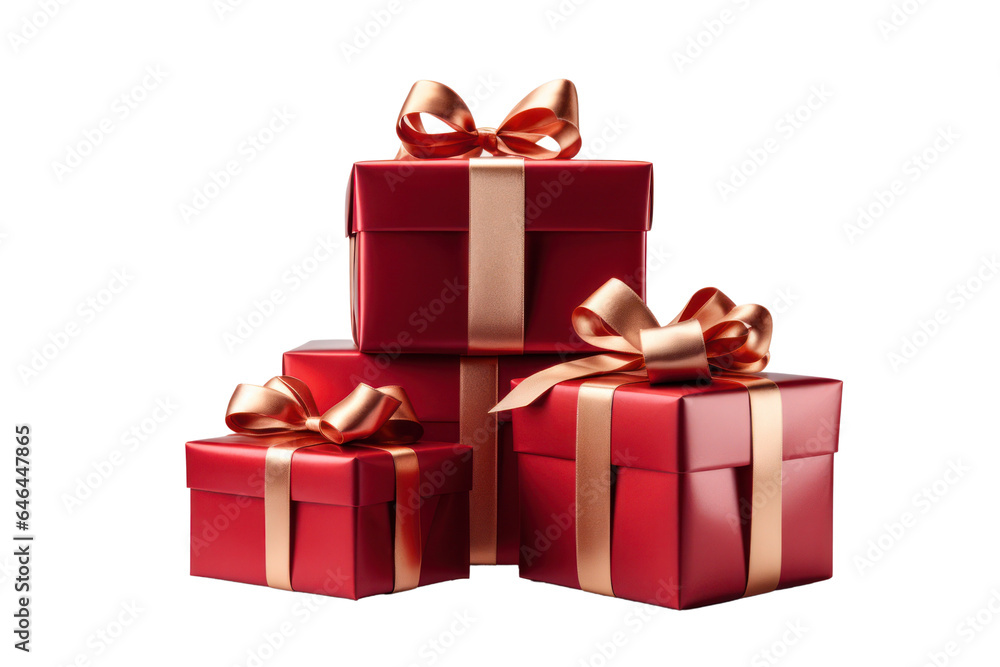 Christmas presents, red gift boxes stack with gold ribbon bow isolated ...