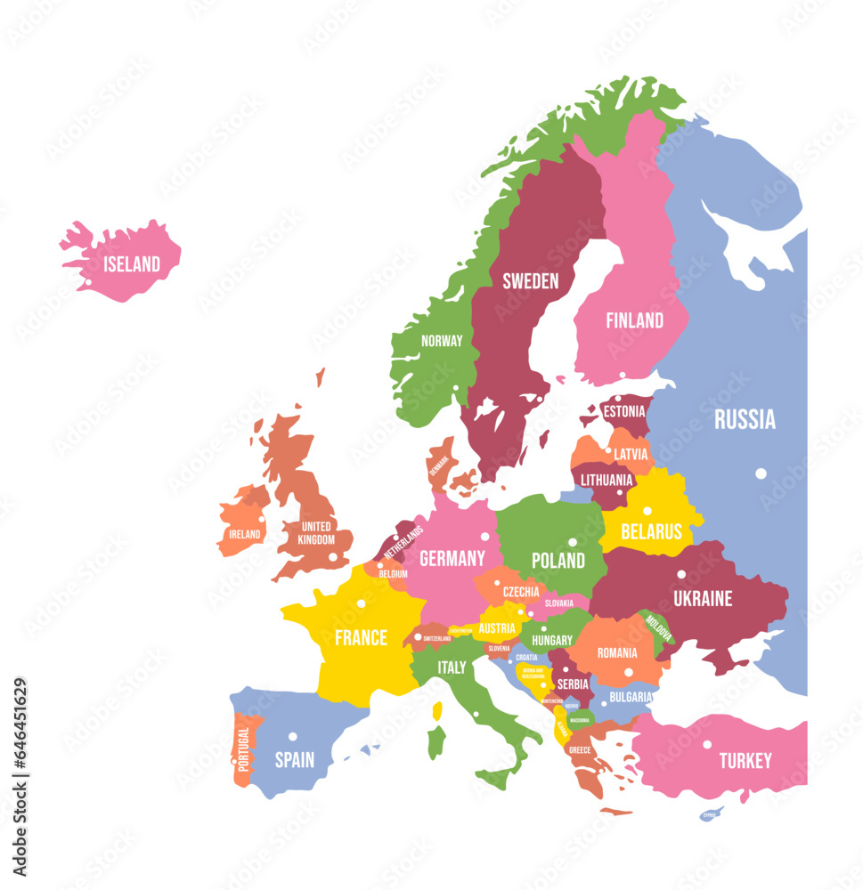 Colorful Europe map. Countries and borders, political map of Europe ...
