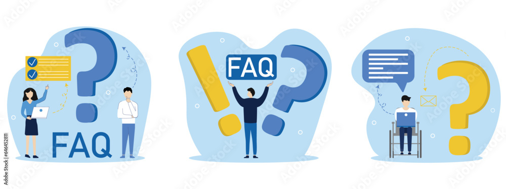 Frequently asked questions concept. The characters stand near an exclamation point and a ...