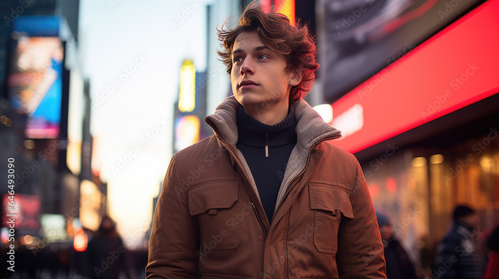Young male model in winter attire, striking a pose in Times Square, New ...