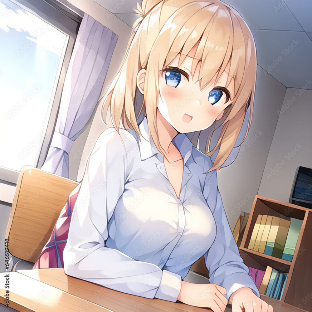 A Blonde Anime Girl Standing In A Room Indoors Sexy Anime Girl