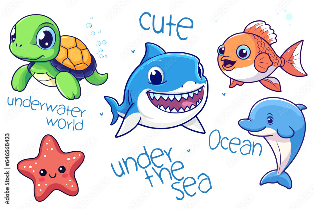 Underwater inhabitants in sea nature background - cute sea and ocean ...