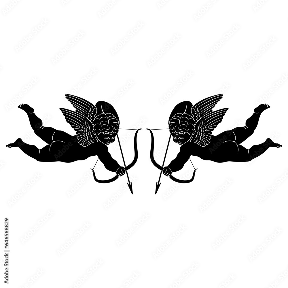 Symmetrical design with two flying Cupids or Amurs with bows and arrows ...