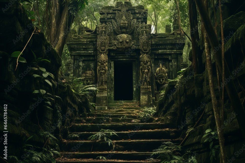 An ancient, overgrown temple hidden deep within a jungle, where ...