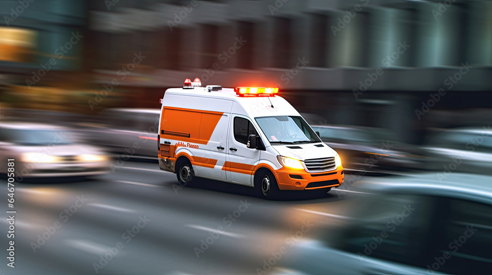 a Medical emergency ambulance driving during traffic jam on city road ...