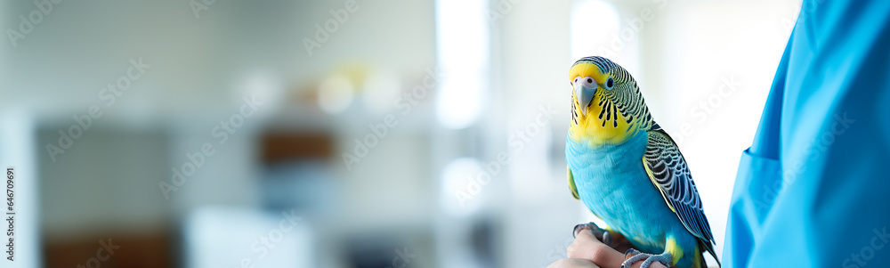 Veterinarian checking a bird or budgie at a vet clinic. Concept of pets ...