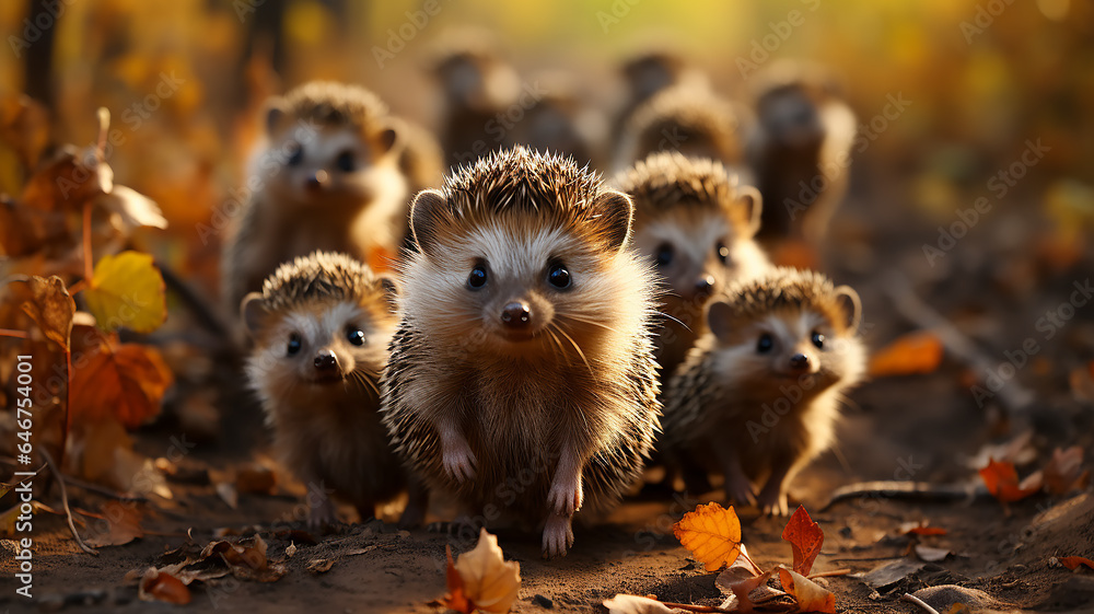 Illustrazione stock di family group of hedgehogs posing in the autumn ...