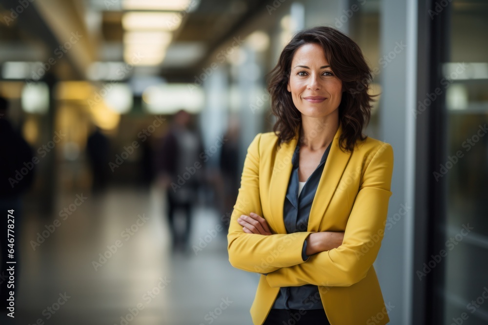 Portrait of successful business woman inside office, standing with arms ...