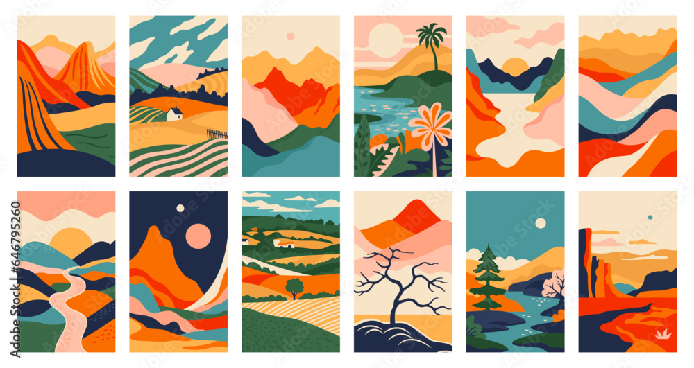 Big set of abstract mountain landscape banner collection. Trendy flat ...