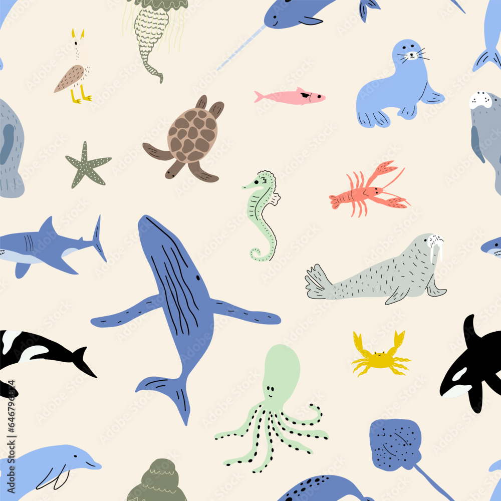 Sea animals seamless pattern. Cute aquatic fish, turtle, whale, narwhal ...