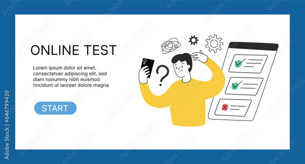 Online test banner, start testing button, internet exam ui layout page ...