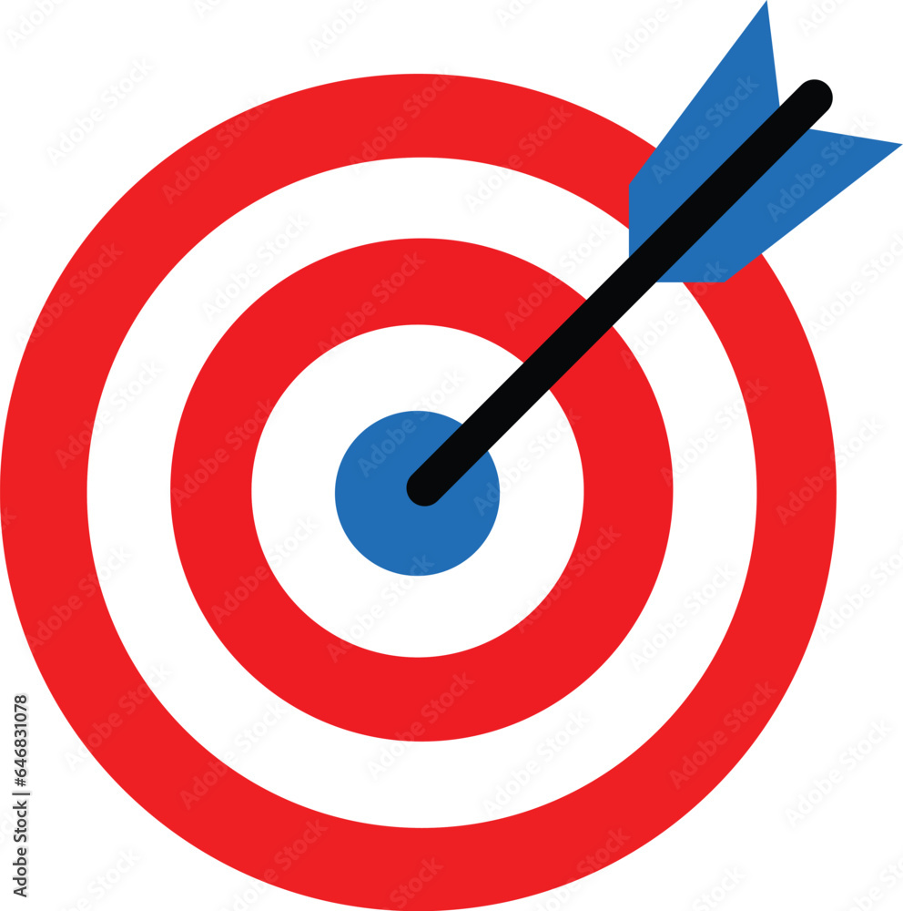 blue and red Target icon. Dartboard with arrow. Marketing strategy sign ...