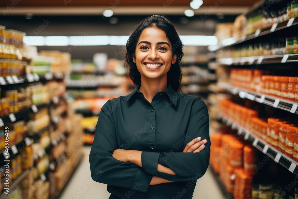 Confident young woman grocery store owner standing and smiling. Stock ...