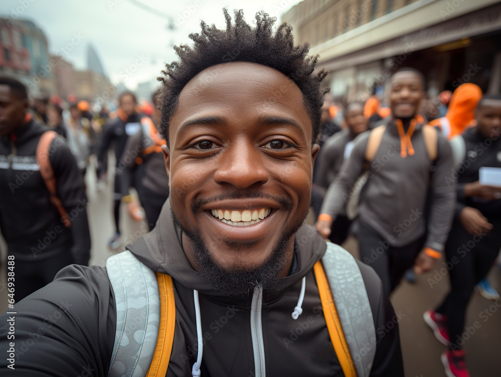 At a running marathon, a black marathon runner takes a selfie while ...