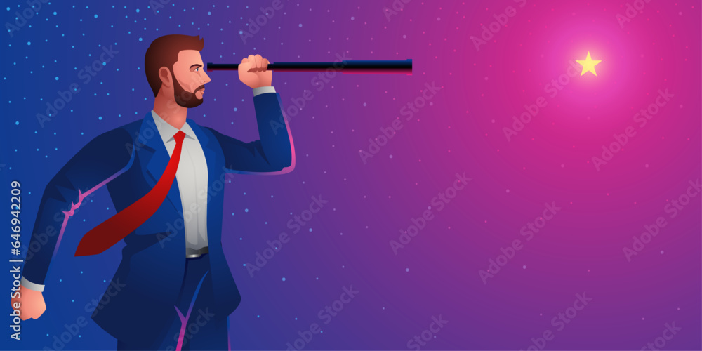 Vetor Forward-thinking businessman stands tall, using a telescope to peer into the vast expanse ...