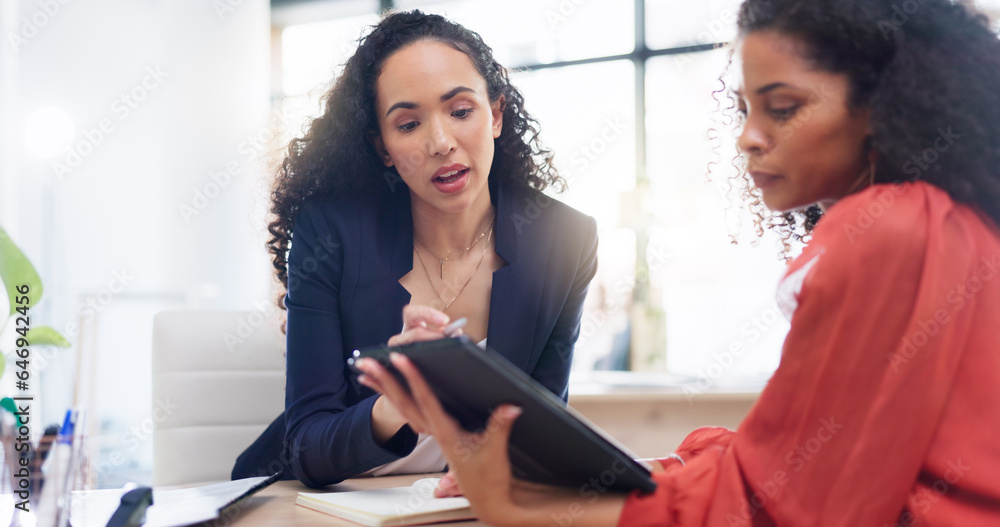 Teamwork, tablet and business women coaching in office helping coworker ...