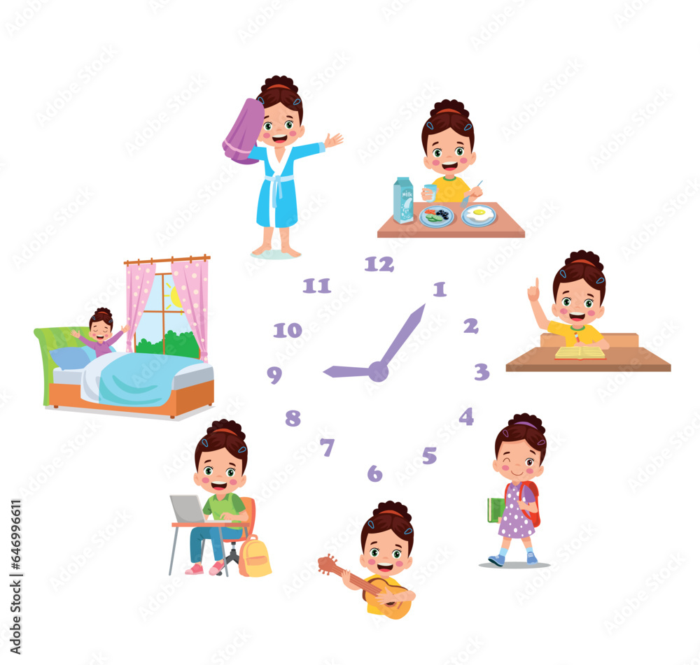 Cartoon kid daily routine activities set Stock Vector | Adobe Stock