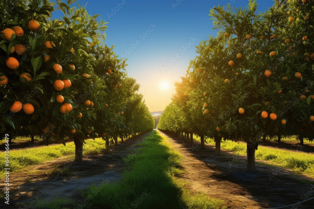 Generative ai of orange grove and lush orange trees. Thick and dense ...