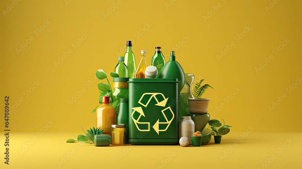 green recyclable item with recycling symbol on a yellow background ...
