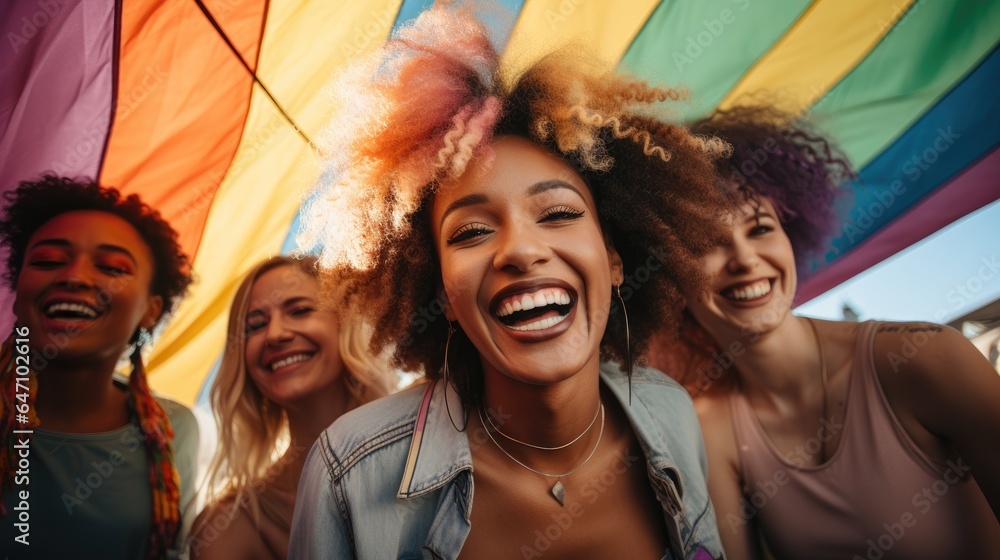 Selfie of LGBT group of young people celebrating under the rainbow flag ...