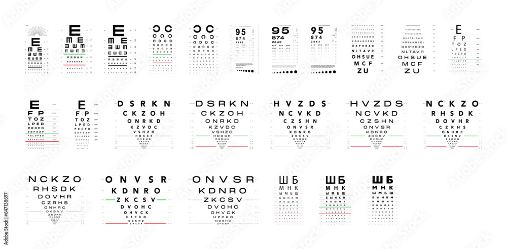 Set of Eye Test Charts medical illustration. Line vector sketch style ...