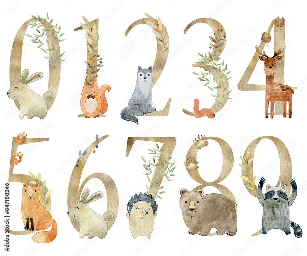 Watercolor woodland animals numbers for invitation card, nursery poster ...