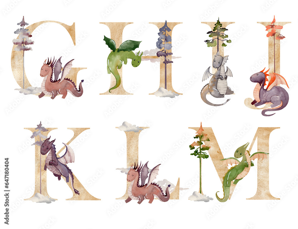 Watercolor dragons letters for invitation card, nursery poster, baby ...